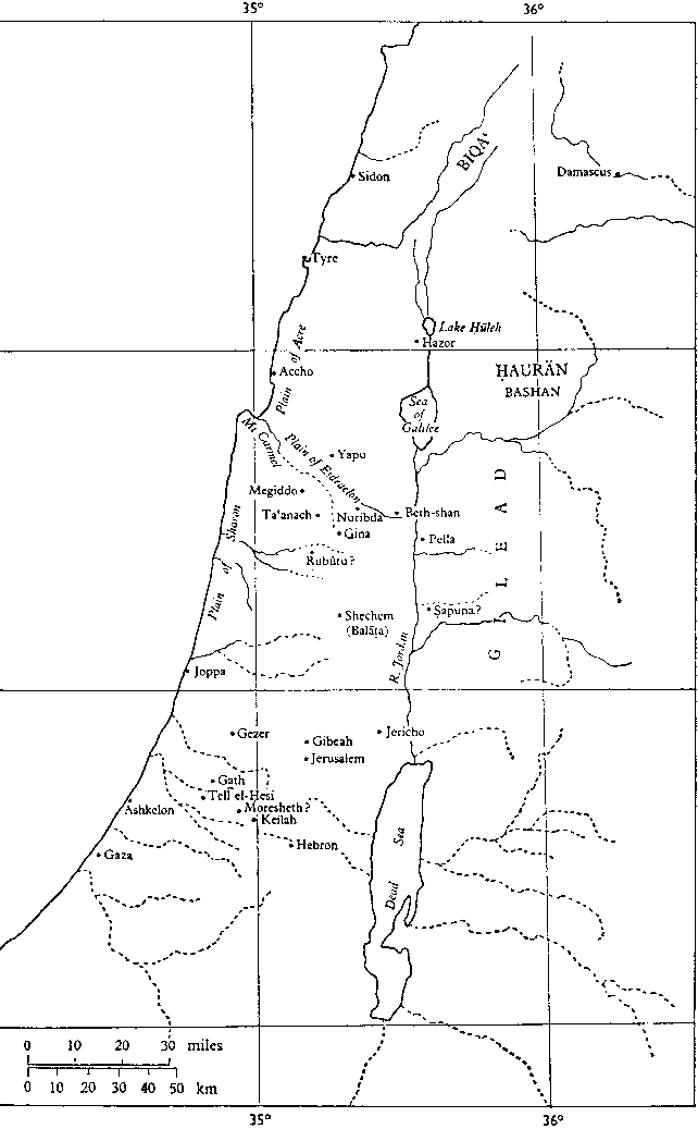 The map shows the probable location of cities in Canaan about 1200 BCE.